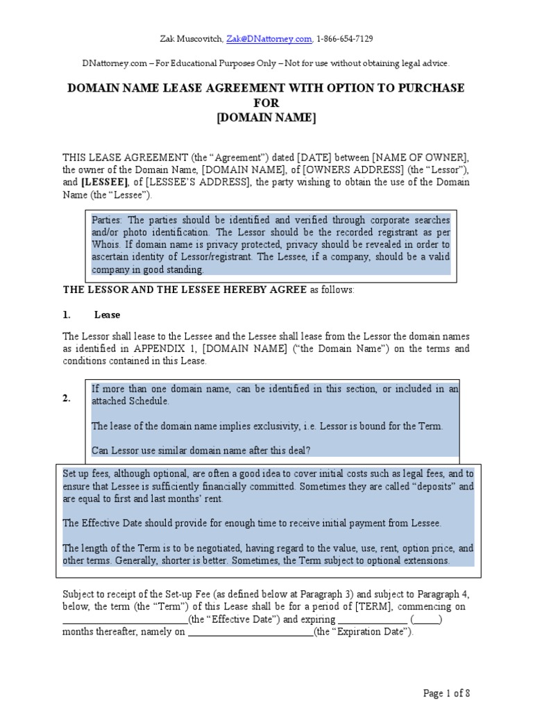 Domain Name Lease Agreement With Option To Purchase FOR (Domain Name ...