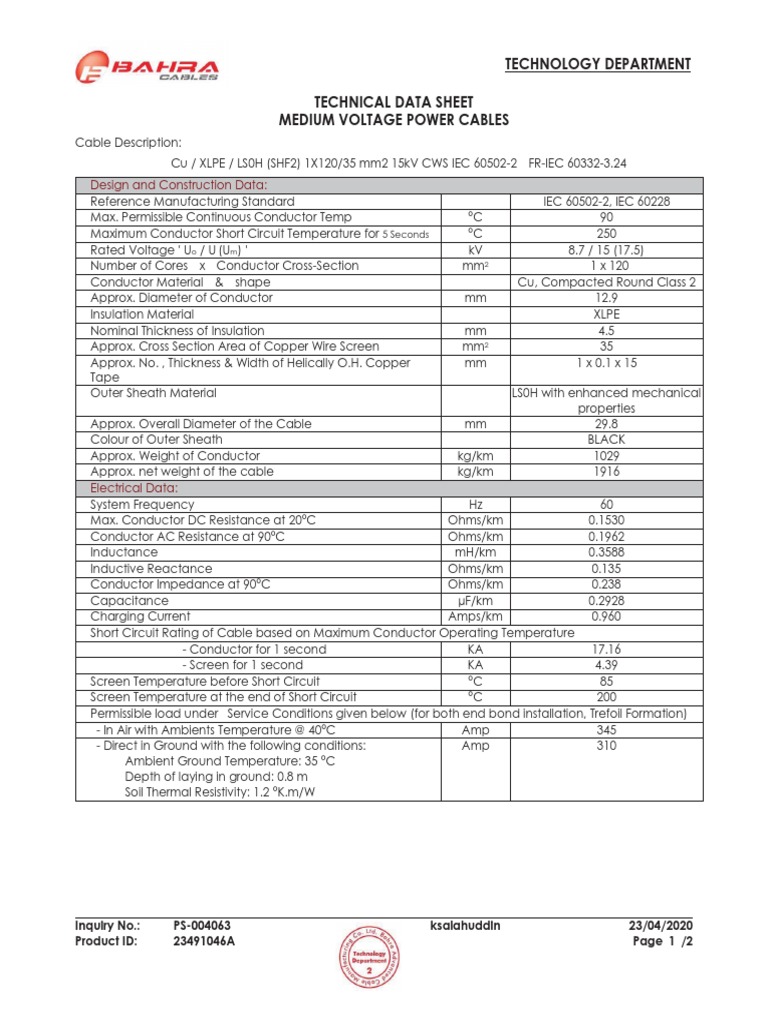 Technical Submittal For MV - Cable Data Sheets | PDF | Electrical Conductor | Electrical ...