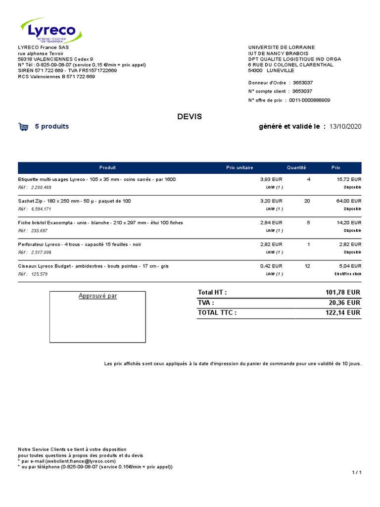 Devis Lyreco France SAS - Octobre 2020 | PDF | Business | Jargon d ...