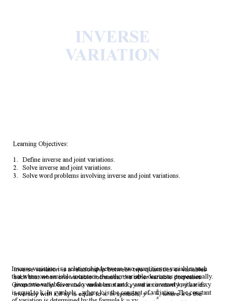 Inverse Variation | PDF | Variable (Mathematics) | Equations