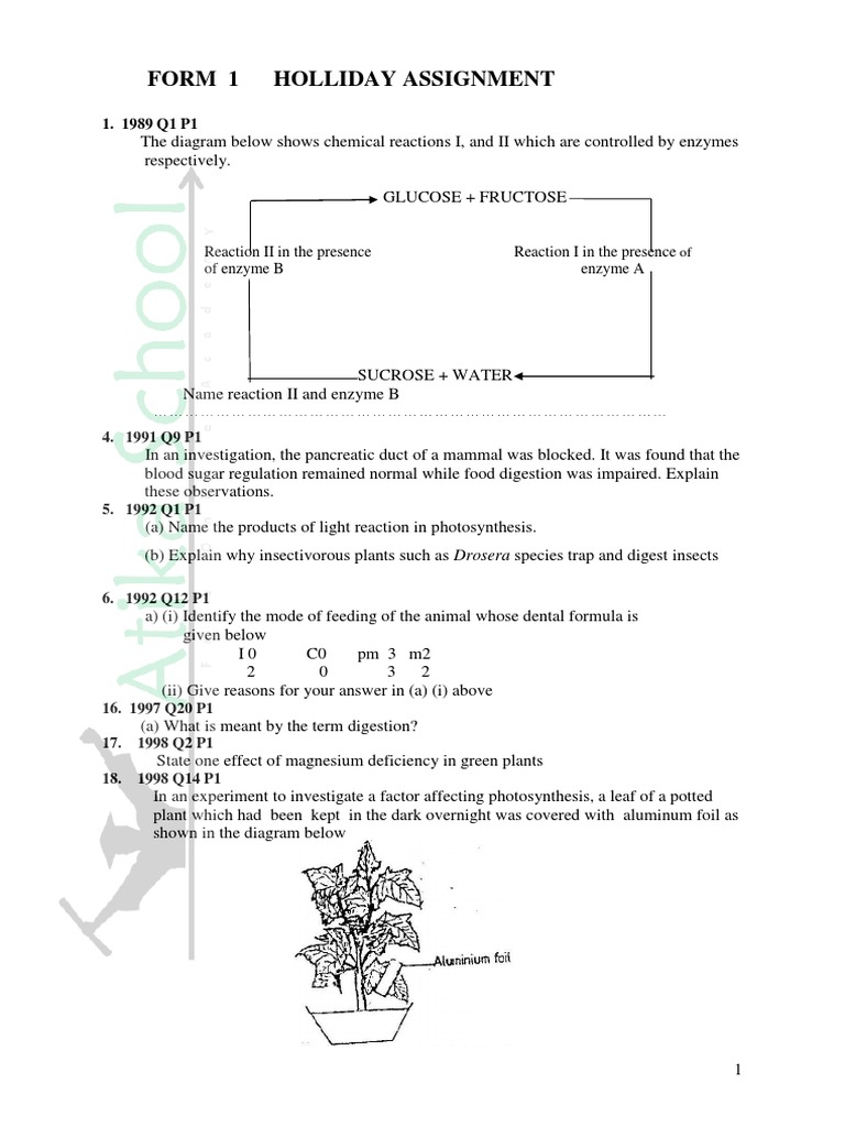 Nutrition - Biology Form 1 Topical Questions and Answers | PDF | Biology