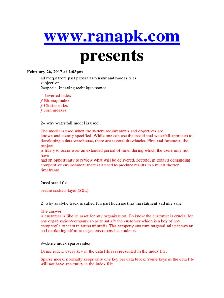 CS614 FinalTerm Solved Papers | PDF | Database Index | Data Warehouse