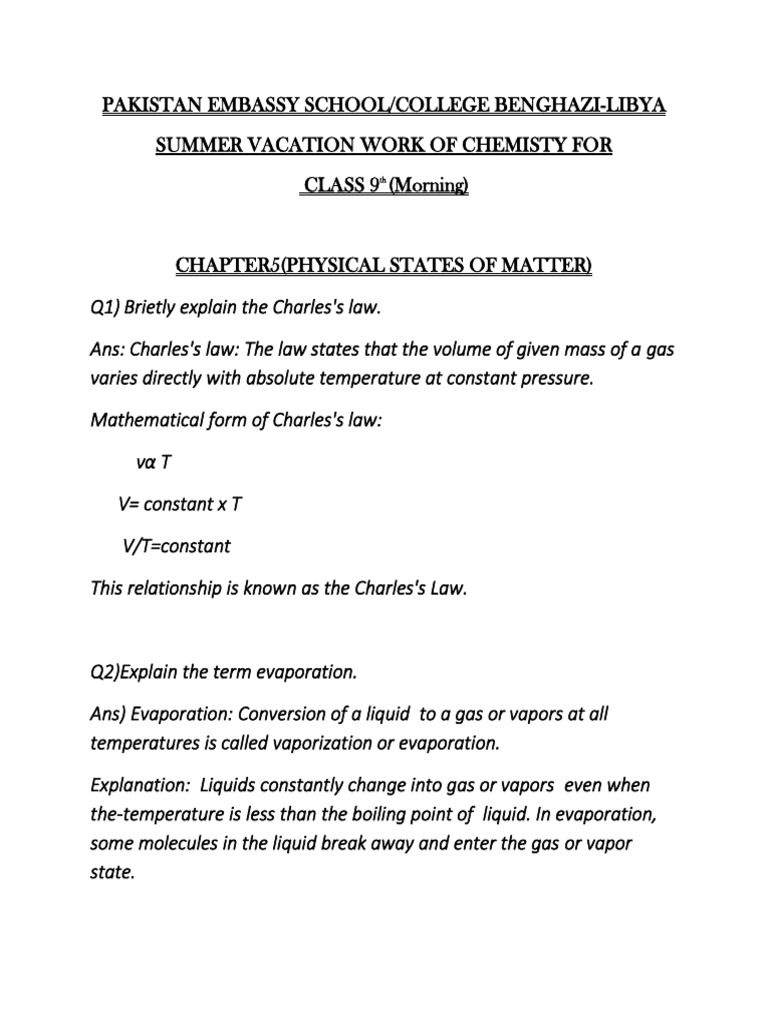 Summer Chemistry Work for Class 9 | PDF | Evaporation | Liquids