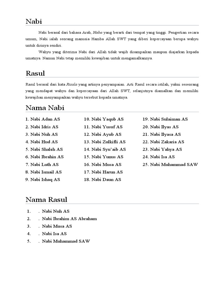 Arti Nabi, Arti Rasul, Nama Nabi, Nama Rasul | PDF