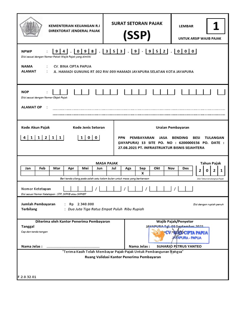 Surat Setoran Pajak: Untuk Arsip Wajib Pajak | PDF