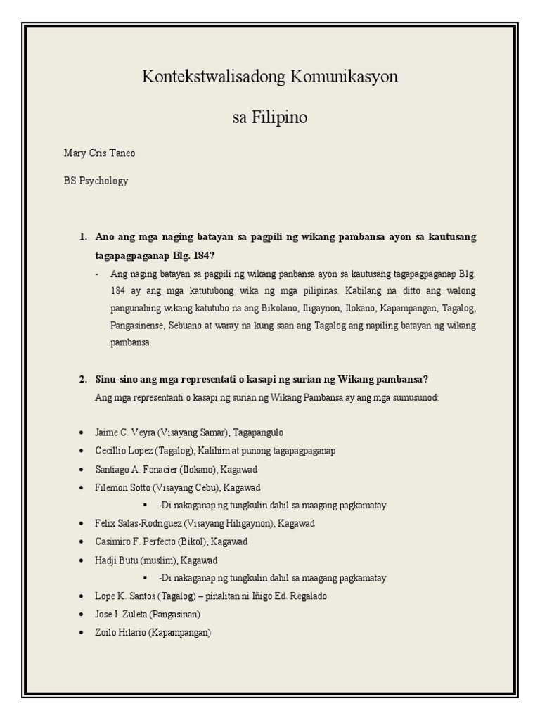 Kontekstwalisadong Komunikasyon Sa Filipino - Mary Cris Taneo | PDF