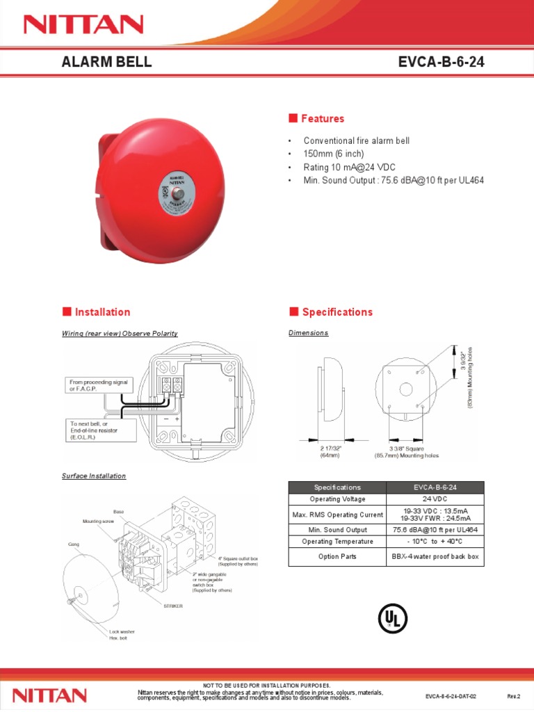 6-Inch Conventional Fire Alarm Bell with 75.6 dB Output for Use between ...