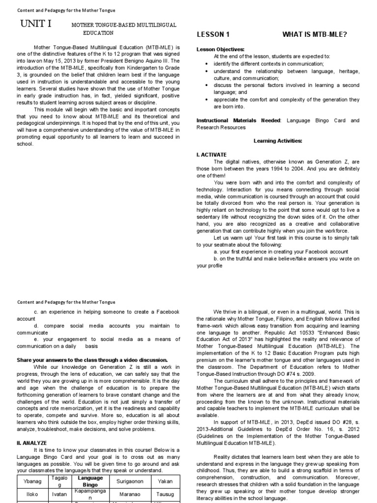 Unit I: Lesson 1 What Is Mtb-Mle? | PDF | Second Language Acquisition ...