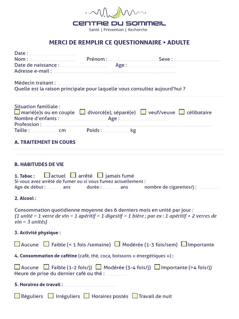 Questionnaire de santé pour adultes | PDF | Sommeil | Café