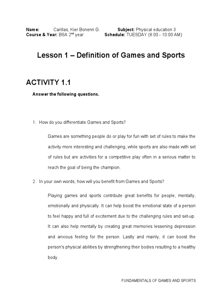 Lesson 1 - Definition of Games and Sports | PDF