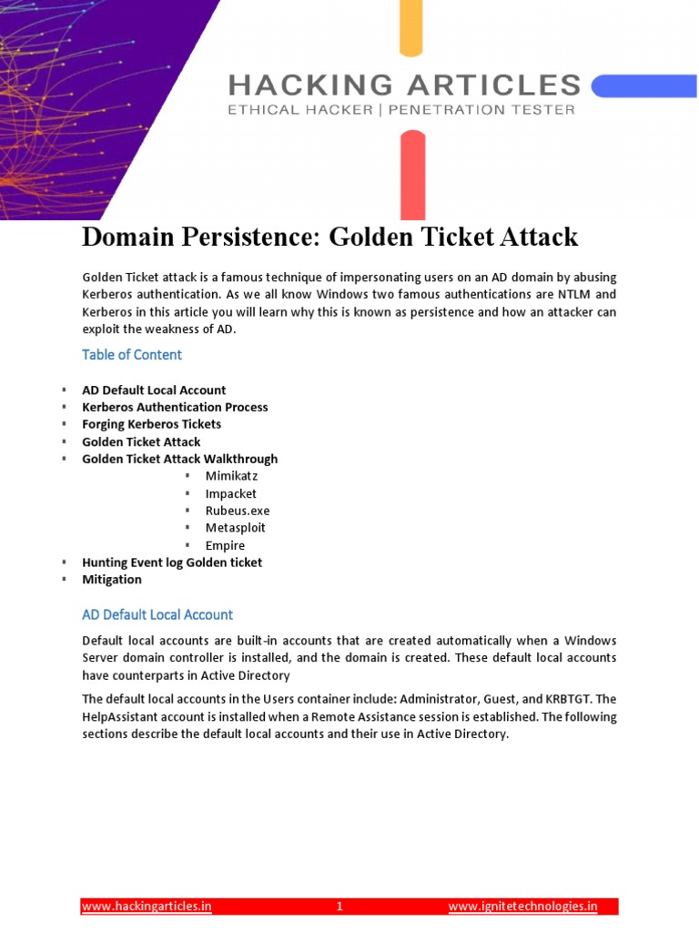 AD. Domain Persistence: Golden Ticket Attack | PDF | Software | Secure Communication