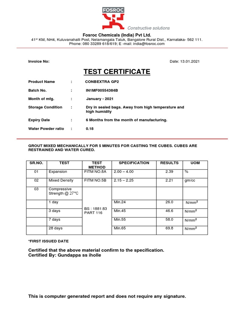 Test Certificate for CONBEXTRA GP2 Grout Batch with Specification and ...