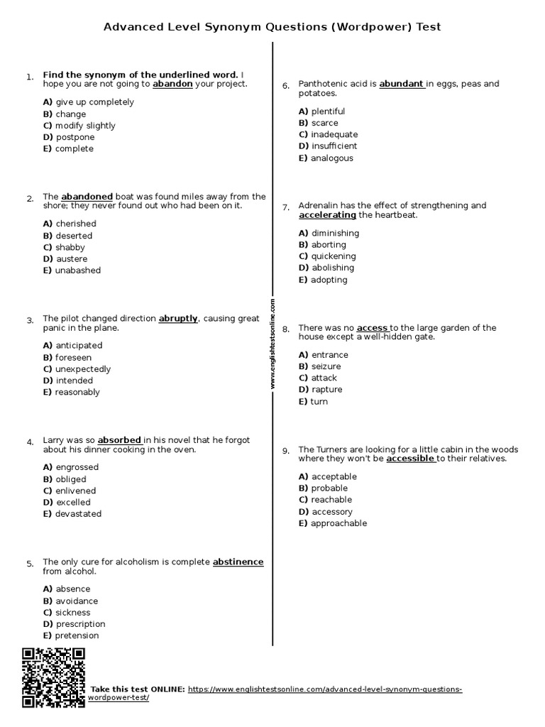 Advanced Level Synonym Questions (Wordpower) Test | PDF