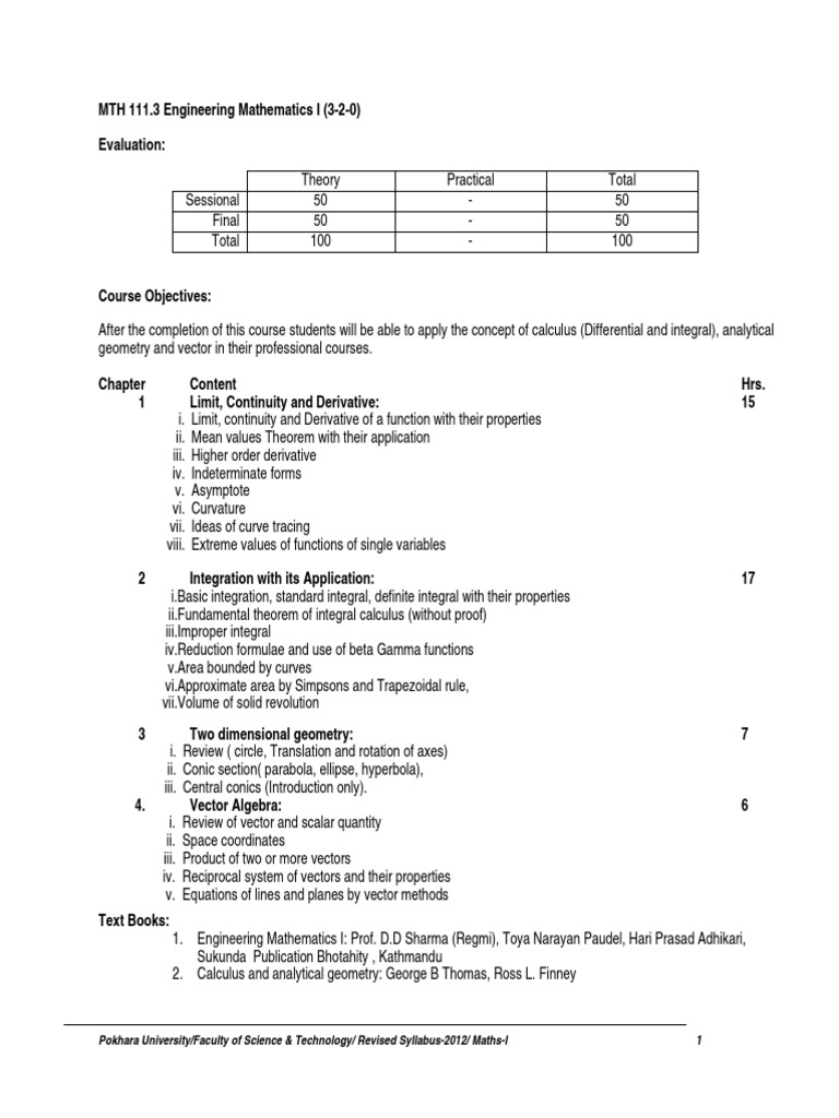 MTH 111.3 Engineering Mathematics I (3-2-0) Evaluation | PDF | Integral ...
