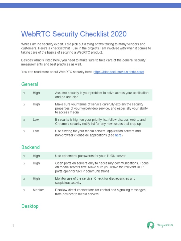 Webrtc Security Checklist 2020: General | PDF | Transport Layer Security | Software