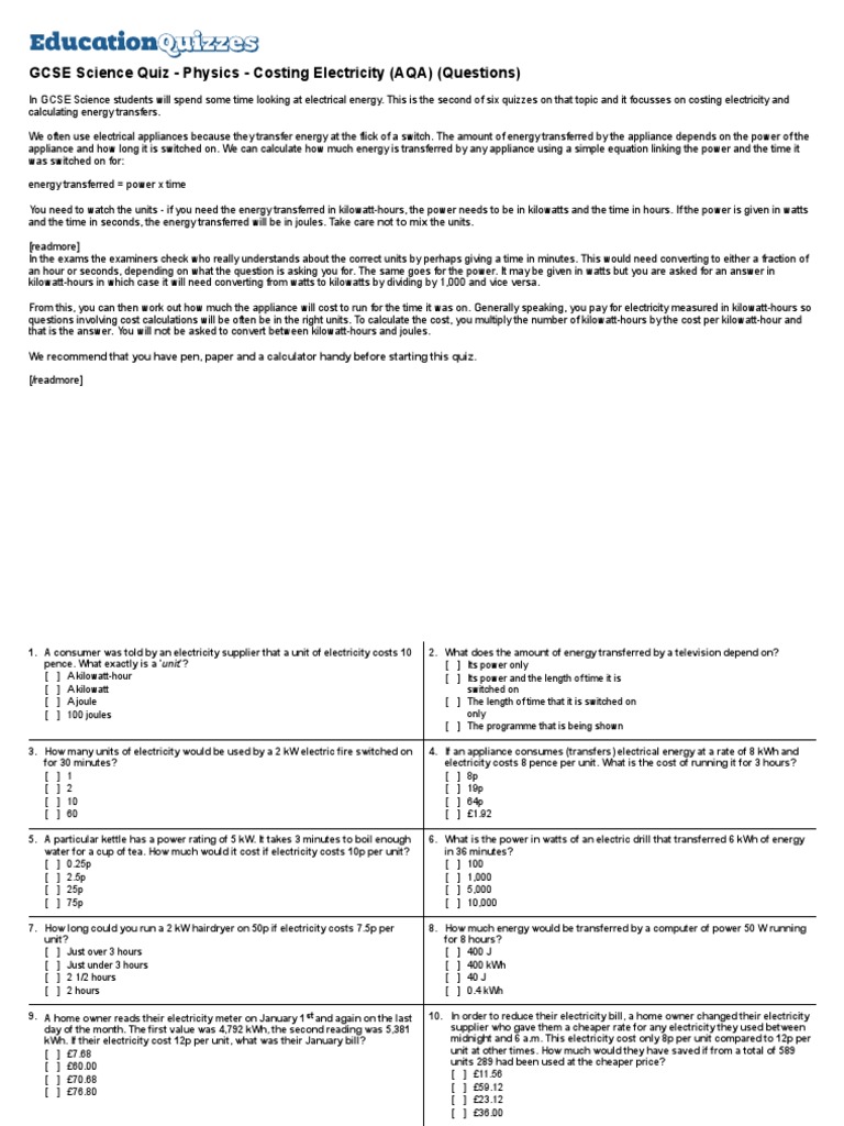 GCSE Science Quiz - Physics - Costing Electricity (AQA) (Questions ...