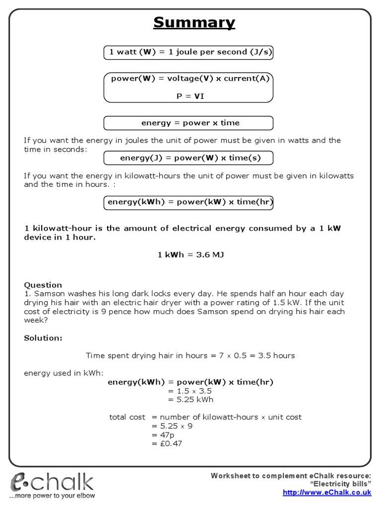 Worksheet To Complement Echalk Resource: "Electricity Bills" | PDF ...