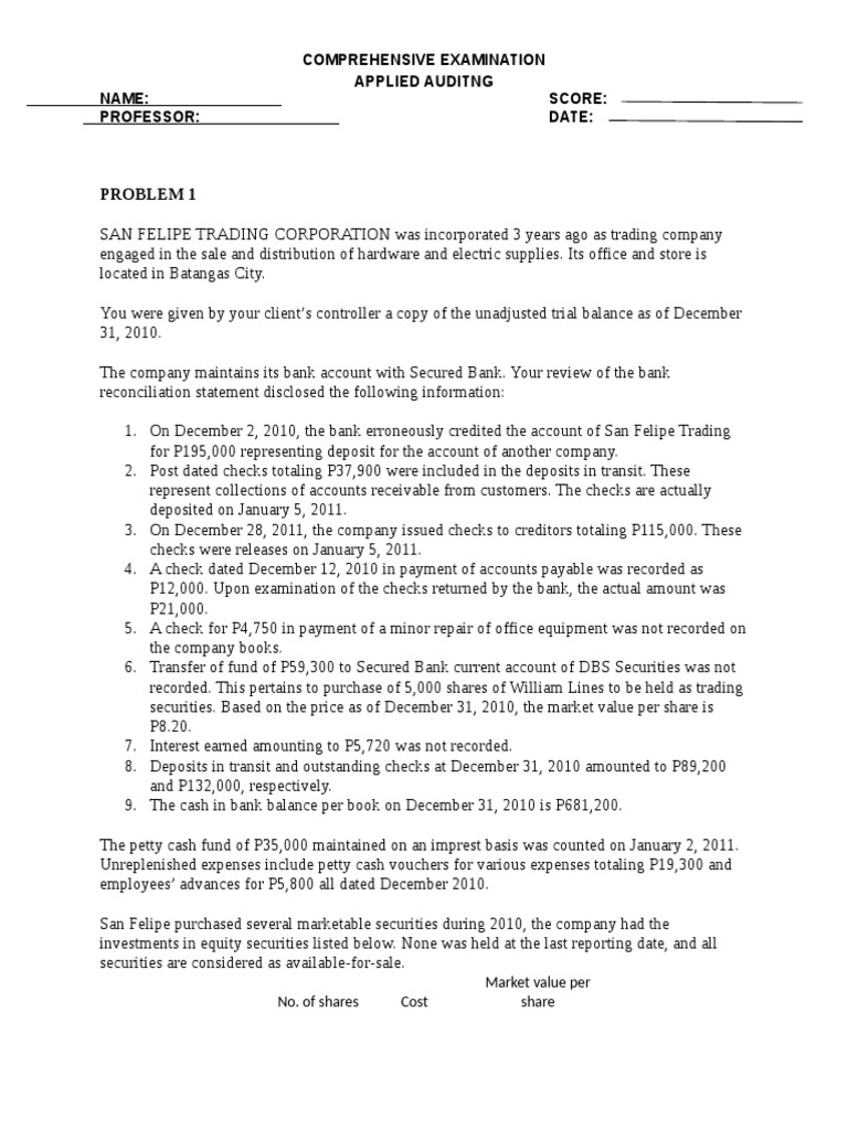 Problem 1: Comprehensive Examination Applied Auditng Name: Score ...