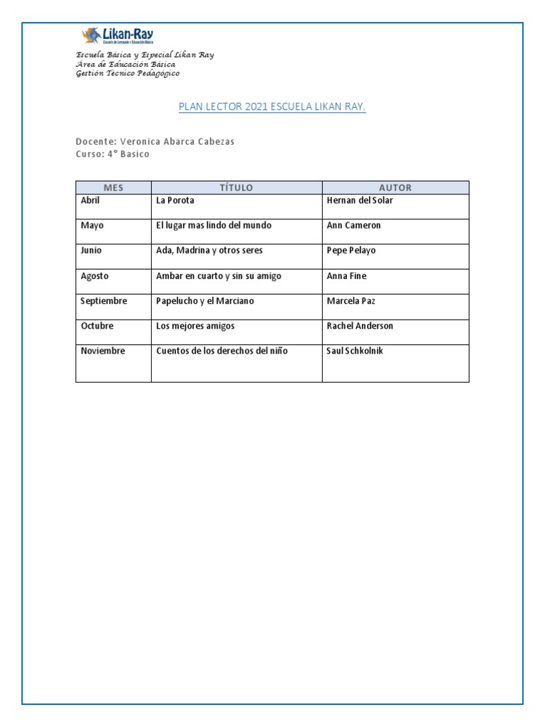 Plan Lector 4 Basico 2021 | PDF