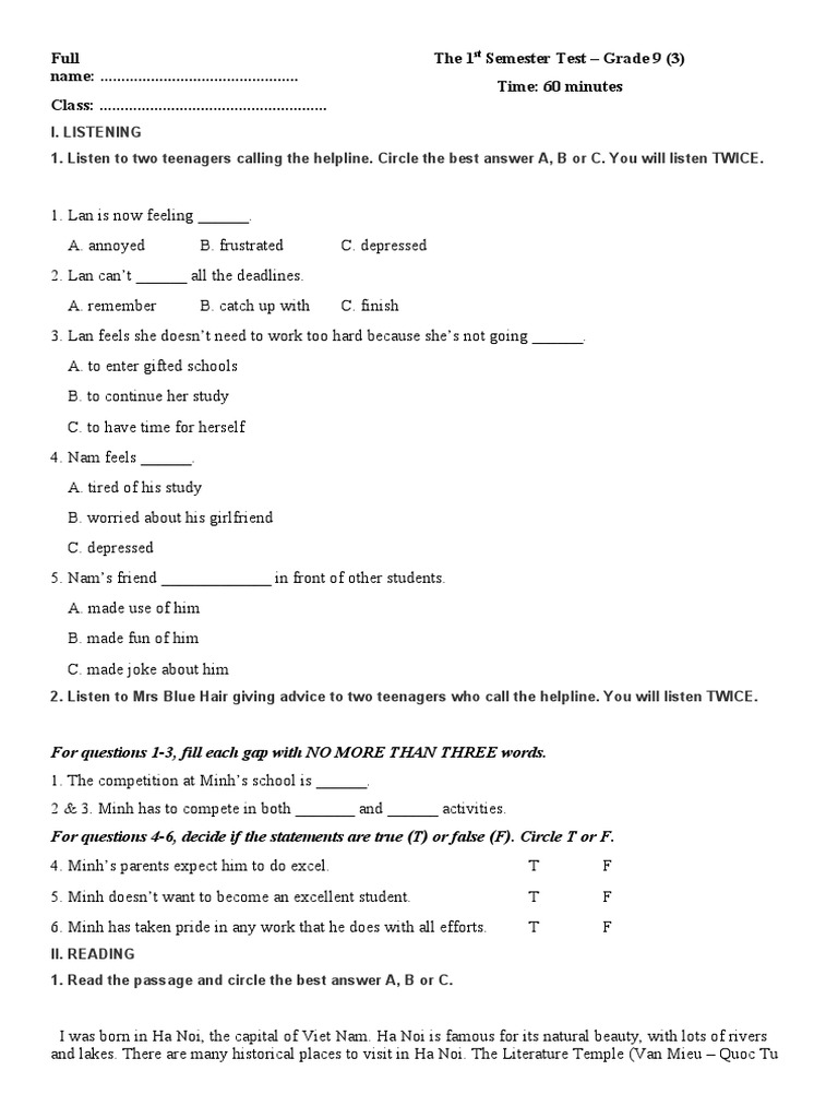 The 1st Semester Test - Grade 9 | PDF | Adolescence | Self Esteem