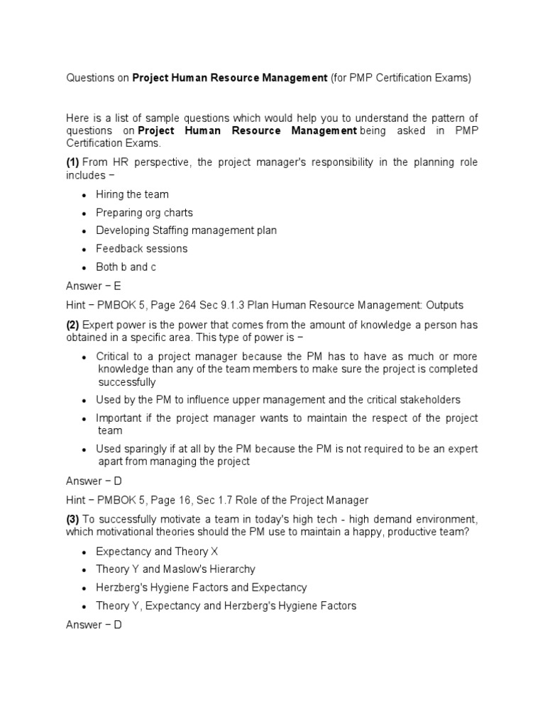 Questions On Project Human Resource Management | PDF | Project ...