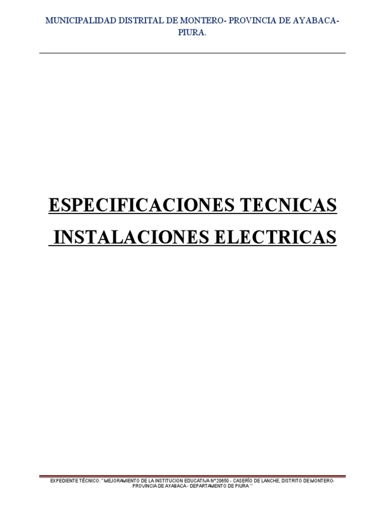 Especificaciones Tecnicas Instalaciones Electricas: Municipalidad Distrital de Montero-Provincia ...