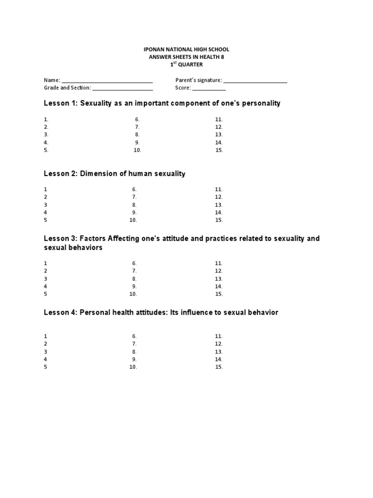 Iponan National High School Answer Sheets in Health 8 1 Quarter | PDF