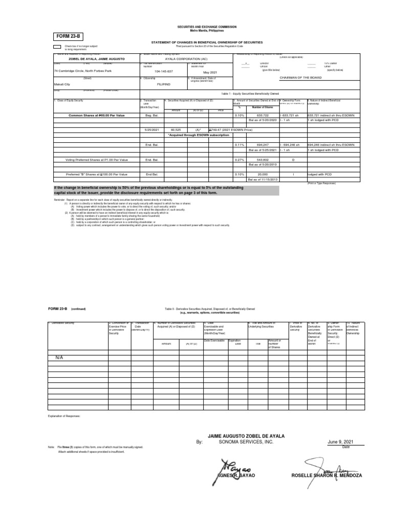 FORM 23-B: Statement of Changes in Beneficial Ownership of Securities ...