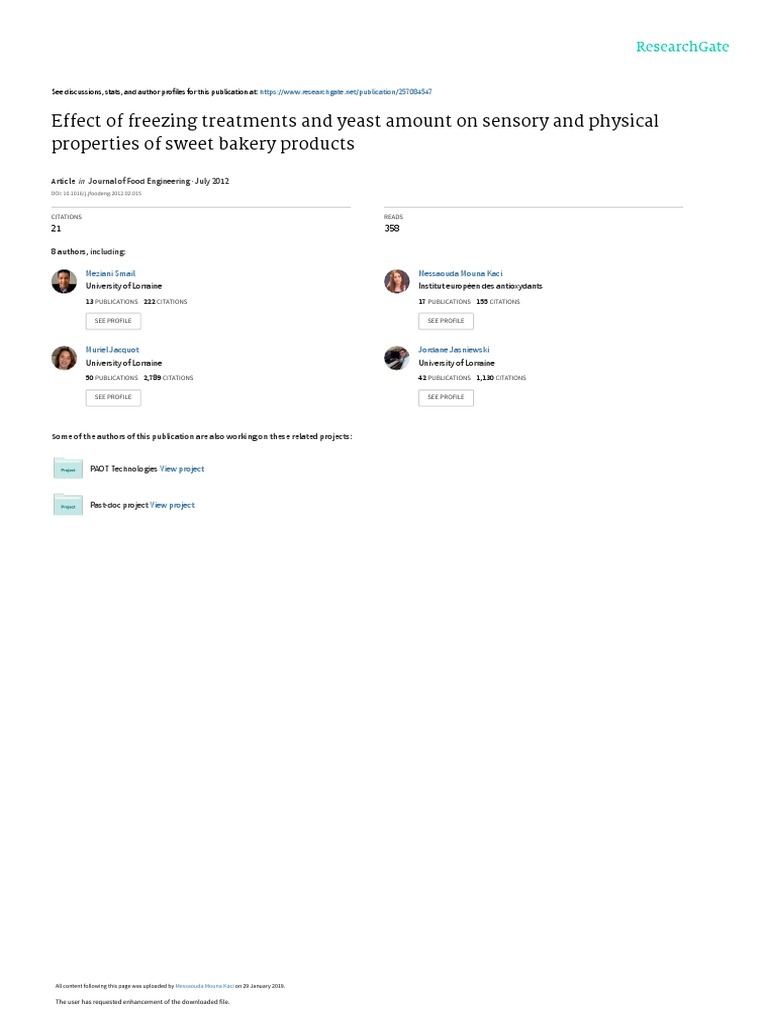 Effect of Freezing Treatments and Yeast Amount On Sensory and Physical Properties of Sweet ...