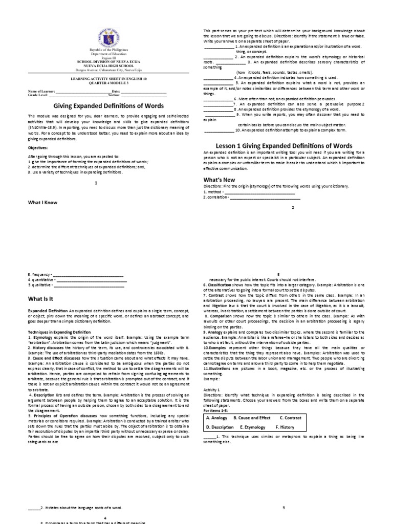 Expanded Definitions in English 10 Module | PDF | Arbitration | Subject (Grammar)