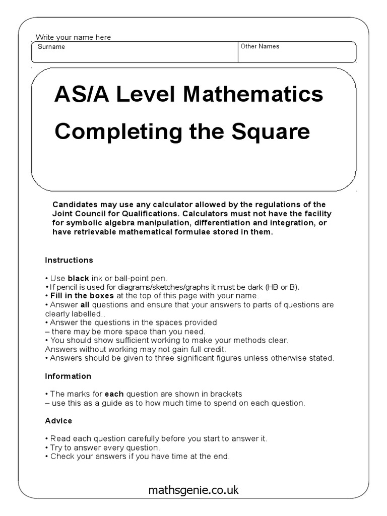 A-Level Maths: Completing the Square | PDF | Equations | Mathematical ...