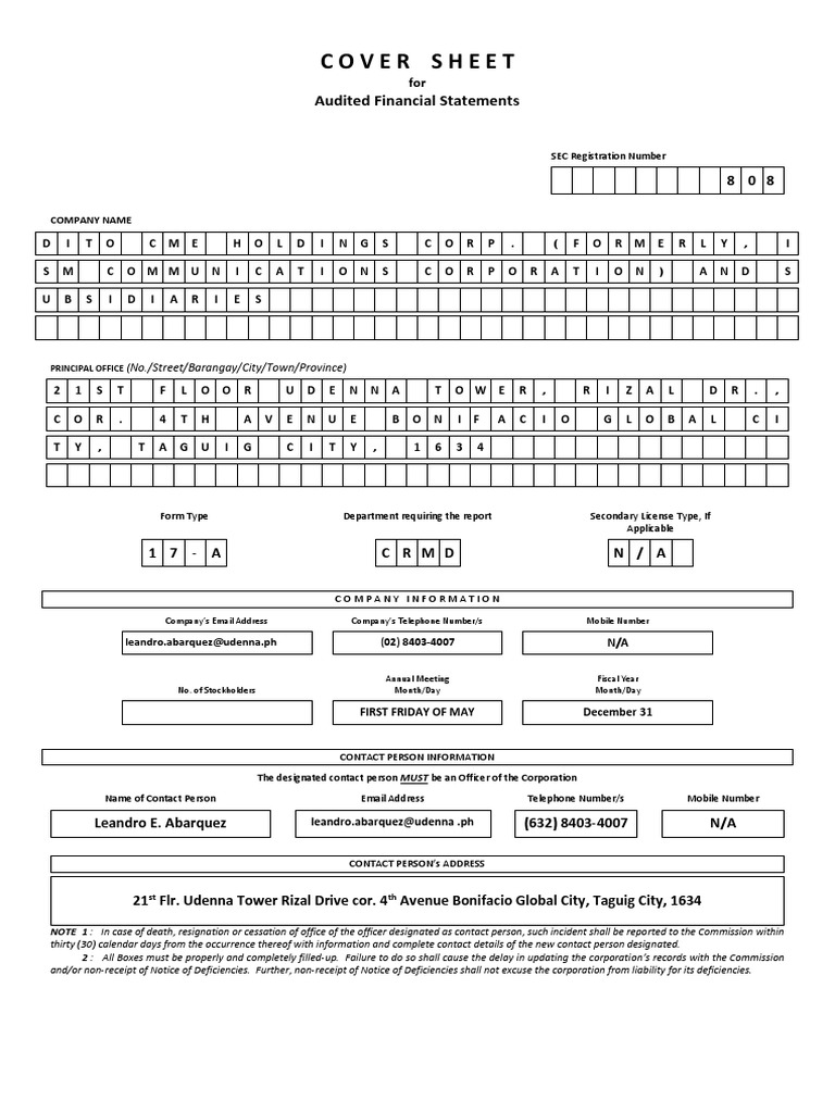 Cover Sheet: Audited Financial Statements | PDF | Stocks | Equity (Finance)