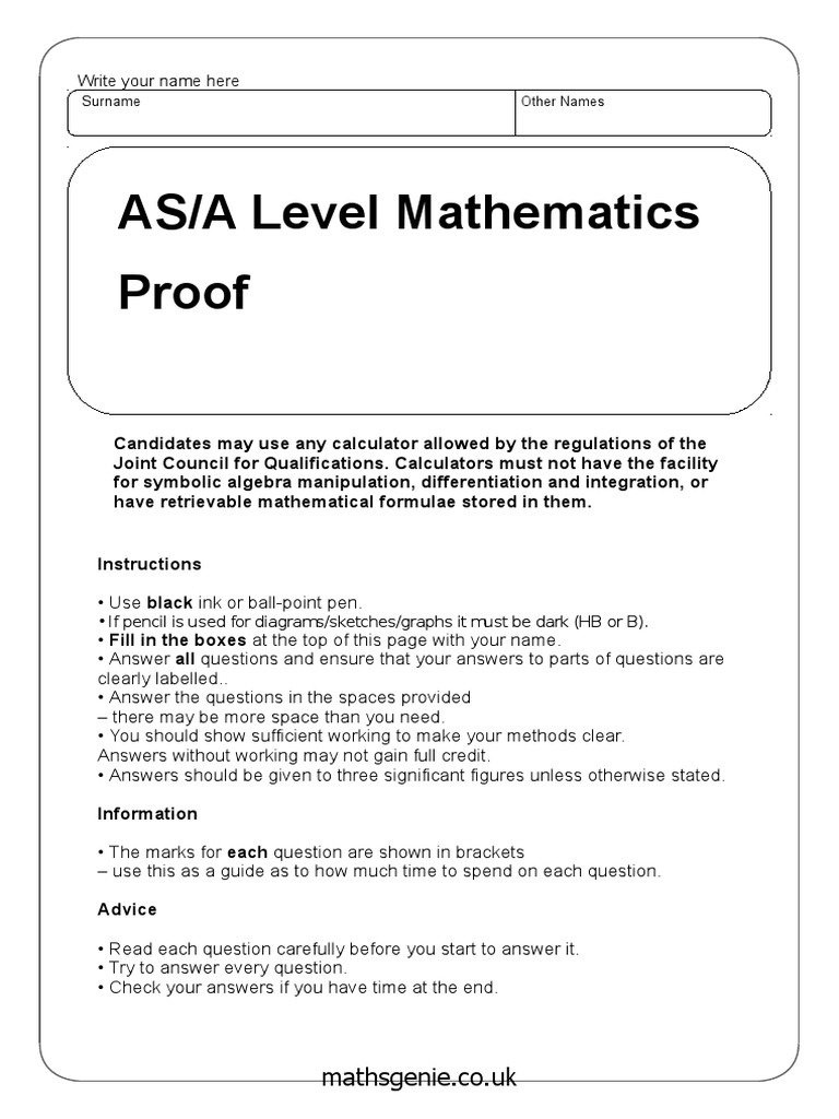 AS/A Level Mathematics Proof: Mathsgenie - Co.uk | PDF | Mathematical ...