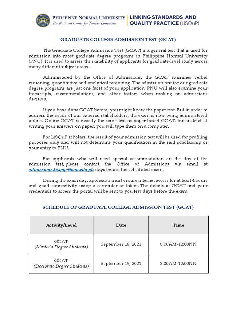 GCAT Schedule and Guidelines | PDF | University And College Admission ...