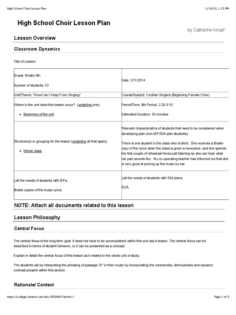 High School Choir Lesson Plan | PDF | Lesson Plan | Learning