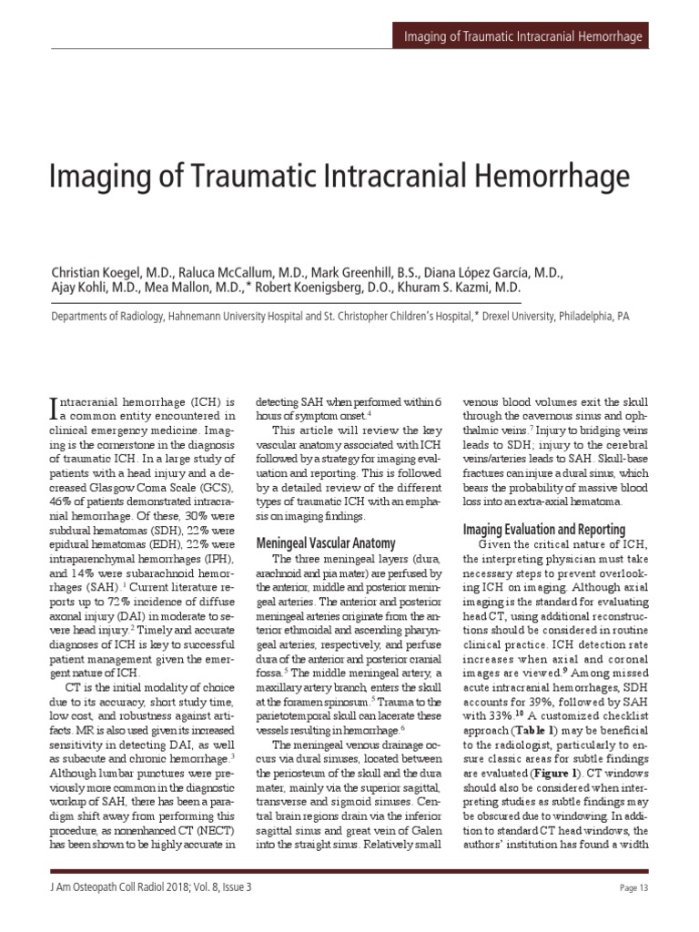 Imaging of Traumatic Intracranial Hemorrhage | PDF | Traumatic Brain ...