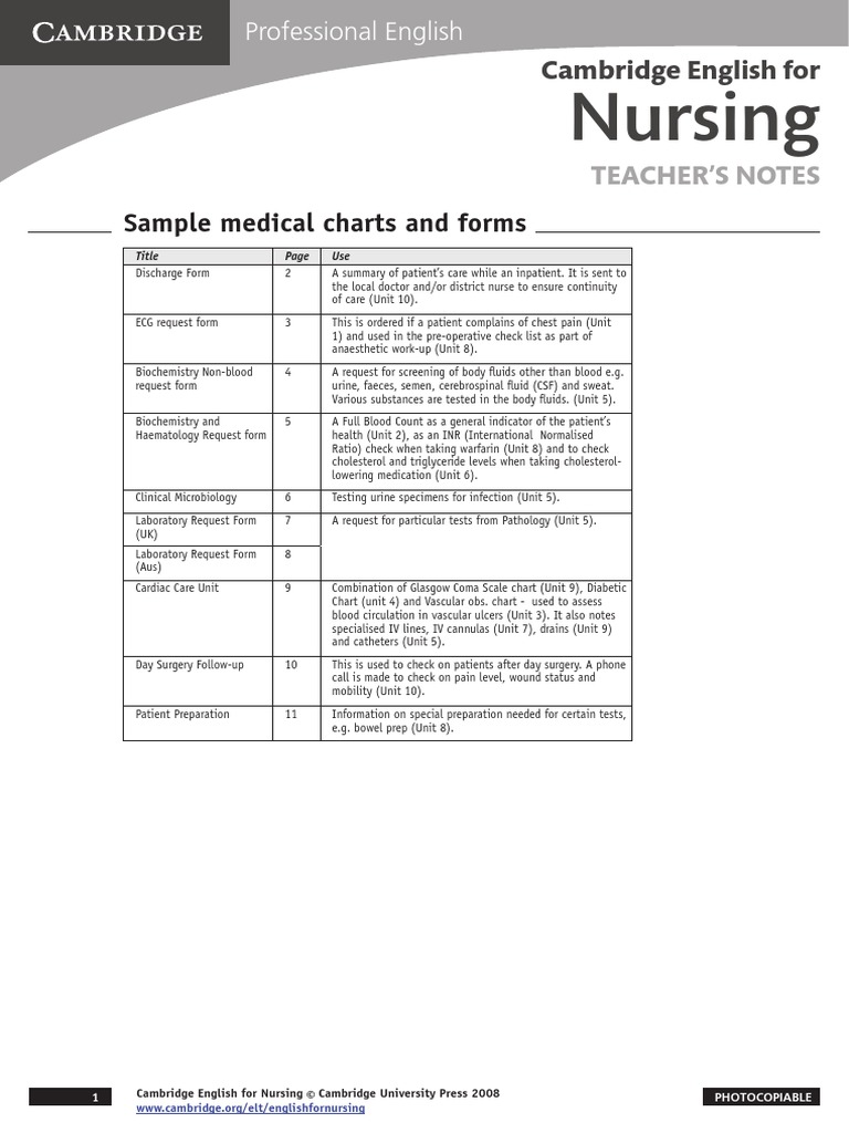 Cambridge English For Nursing Authentic Medical Forms and Charts | PDF ...