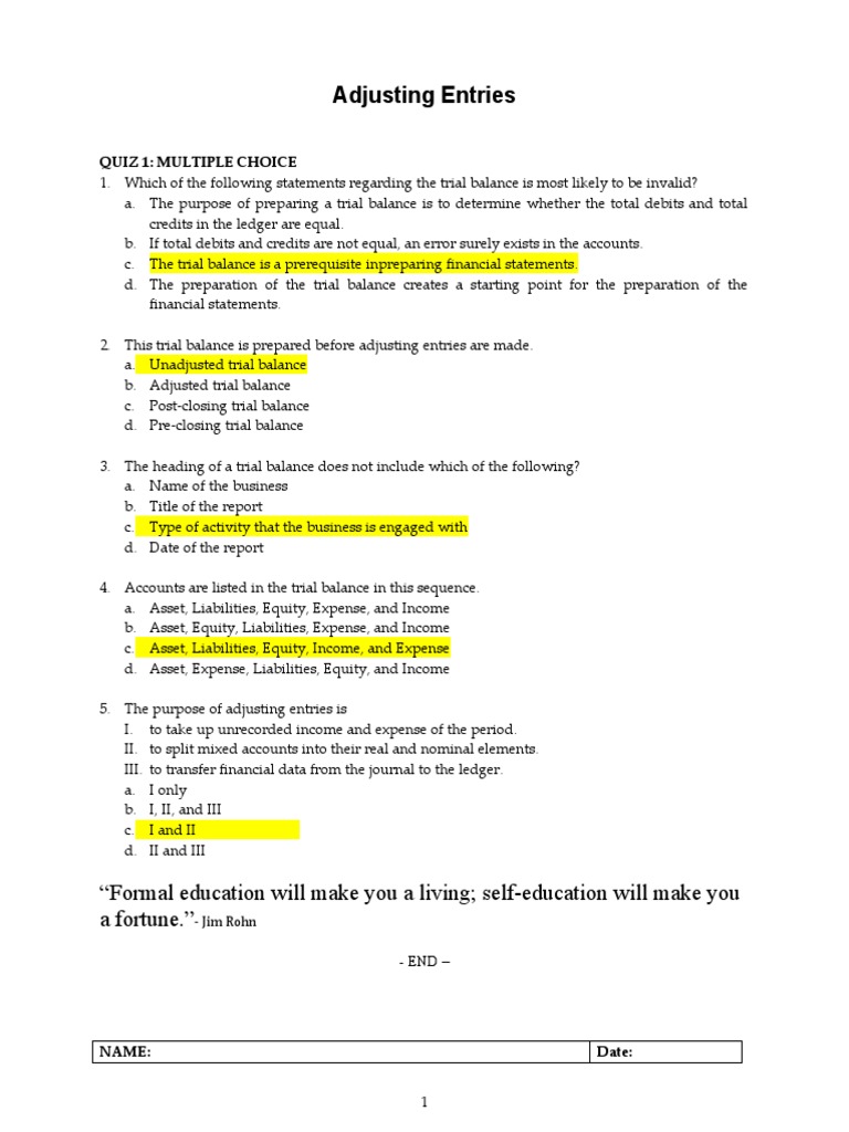 Adjusting Entries Quiz and Solutions | PDF | Expense | Debits And Credits