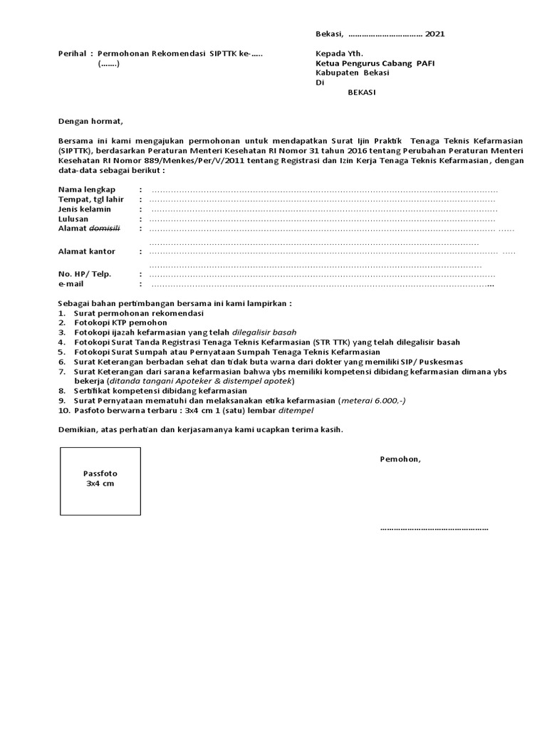 Form Permohonan Rekom SIPTTK | PDF