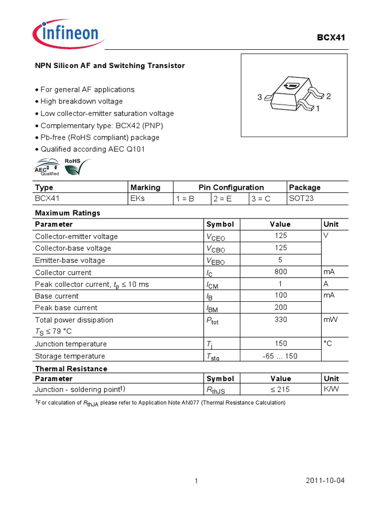 Infineon BCX41 DS v01 - 01 en | PDF | Bipolar Junction Transistor | Manufactured Goods