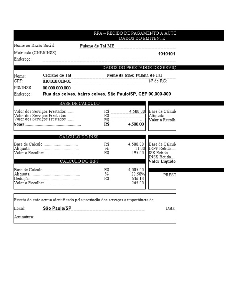 Recibo Pagamento Autonomo RPA | PDF