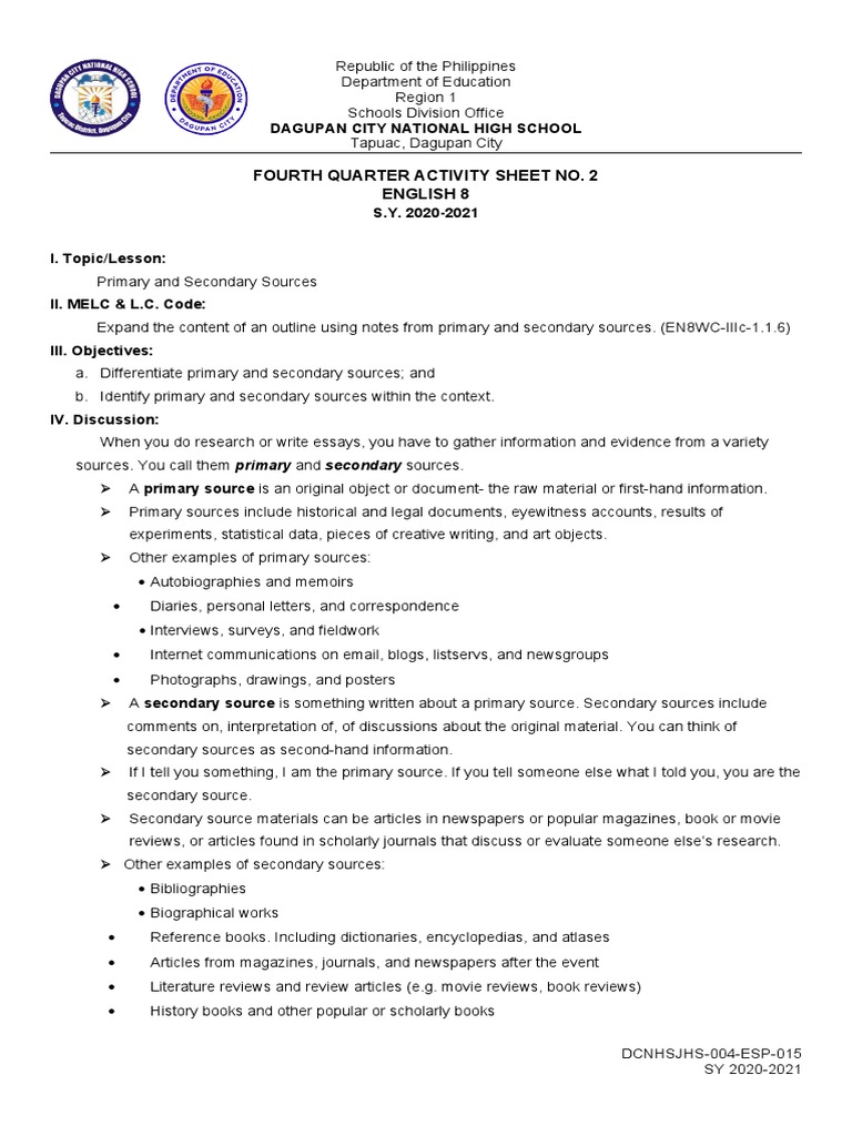 4th Quarter Activity Sheets | PDF | Primary Sources