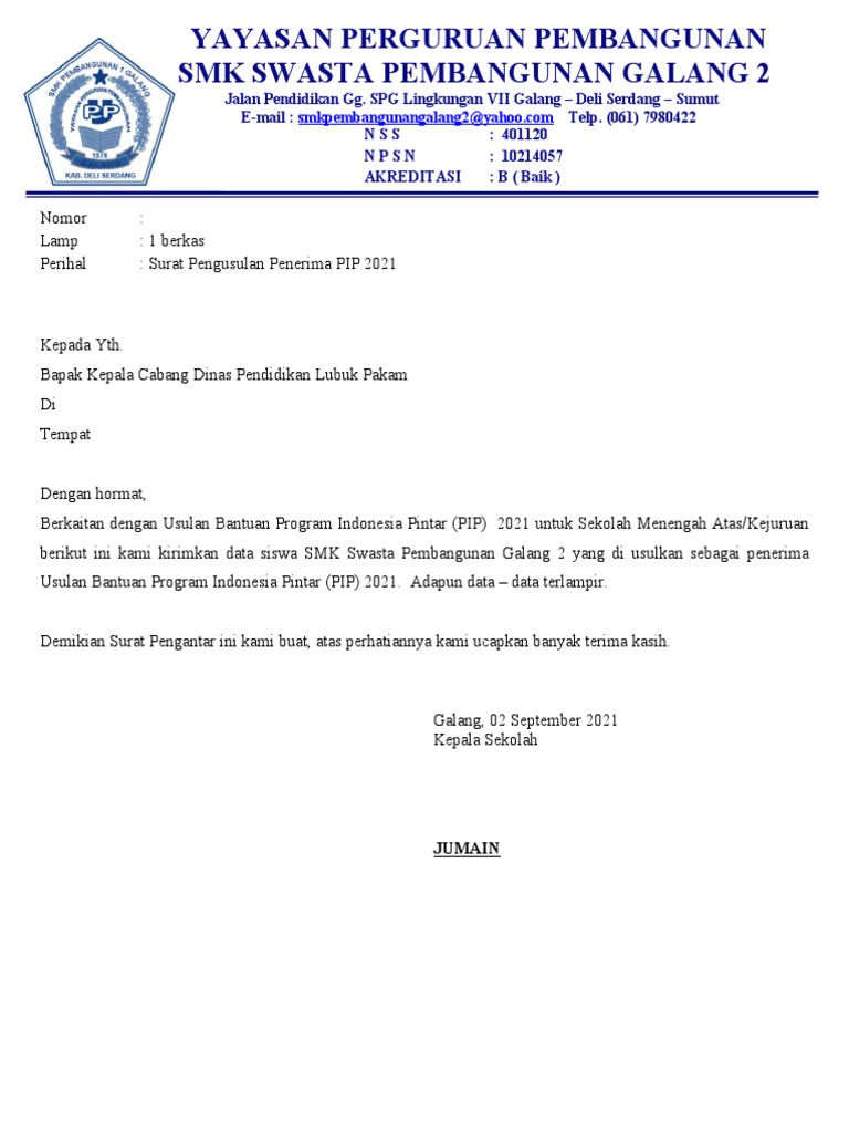 Surat PEngantar Usulan PIP SMK2 | PDF