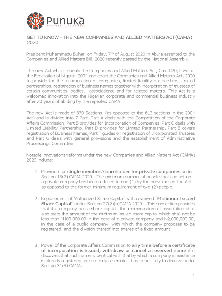 Get To Know - The New Companies and Allied Matters Act (Cama) 2020 ...