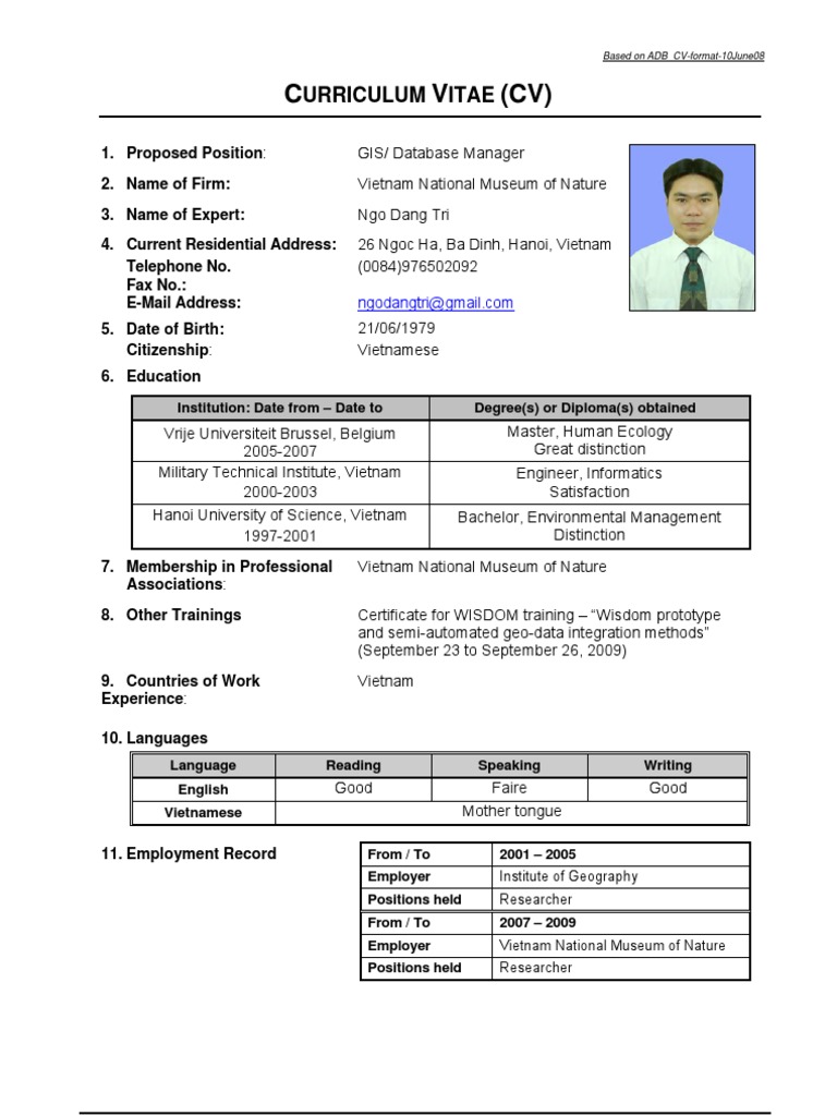 Ngo Dang Tri ADB CV-Format-Individual-10June08 | Geographic Information ...