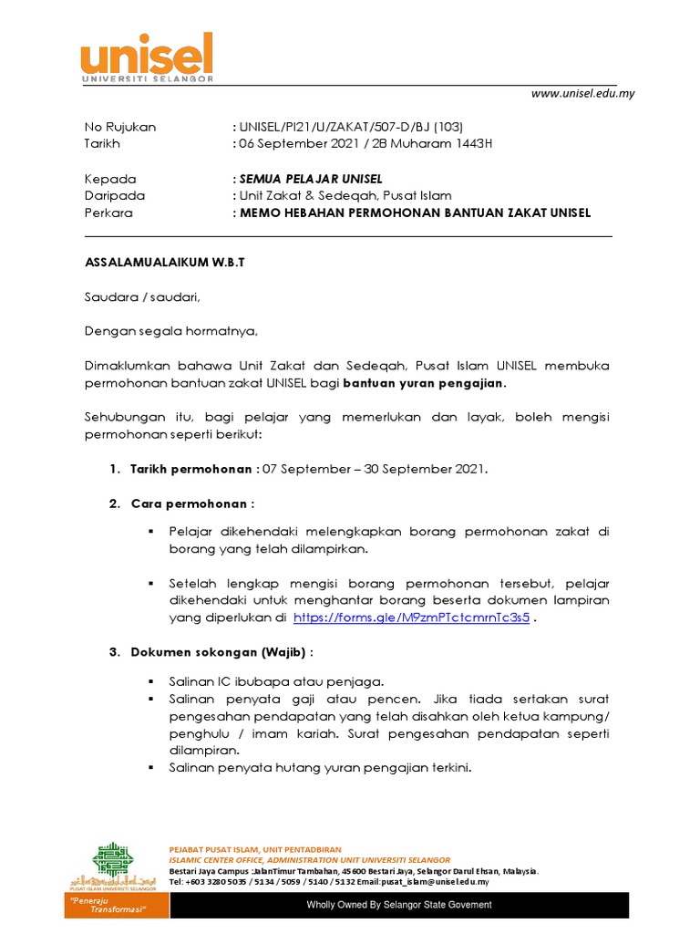 Memo Hebahan Permohonan Bantuan Zakat Unisel | PDF
