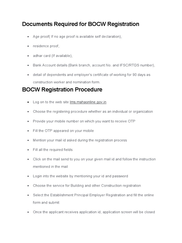 Procedure and Document Required For BOCW Registration | PDF