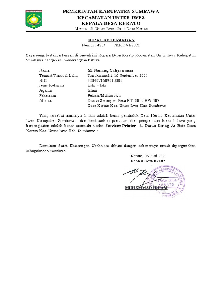 Surat Keterangan Usaha (Sku) Kerato | PDF