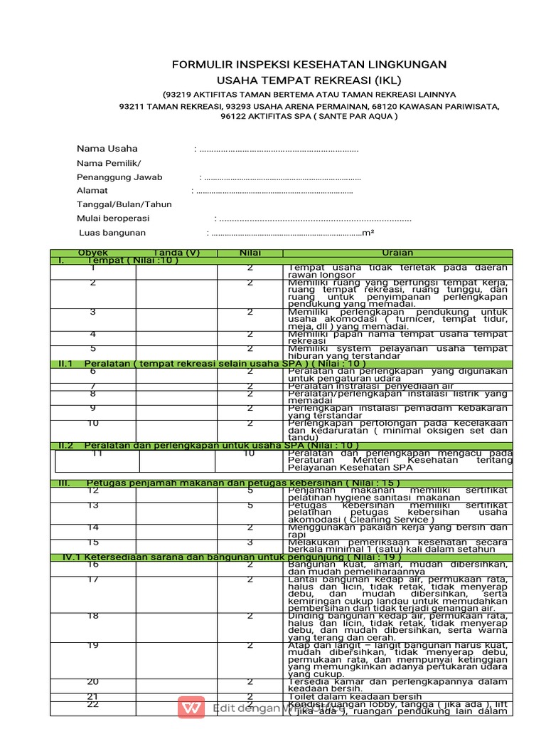 Form IKL Usaha Tempat Rekreasi | PDF