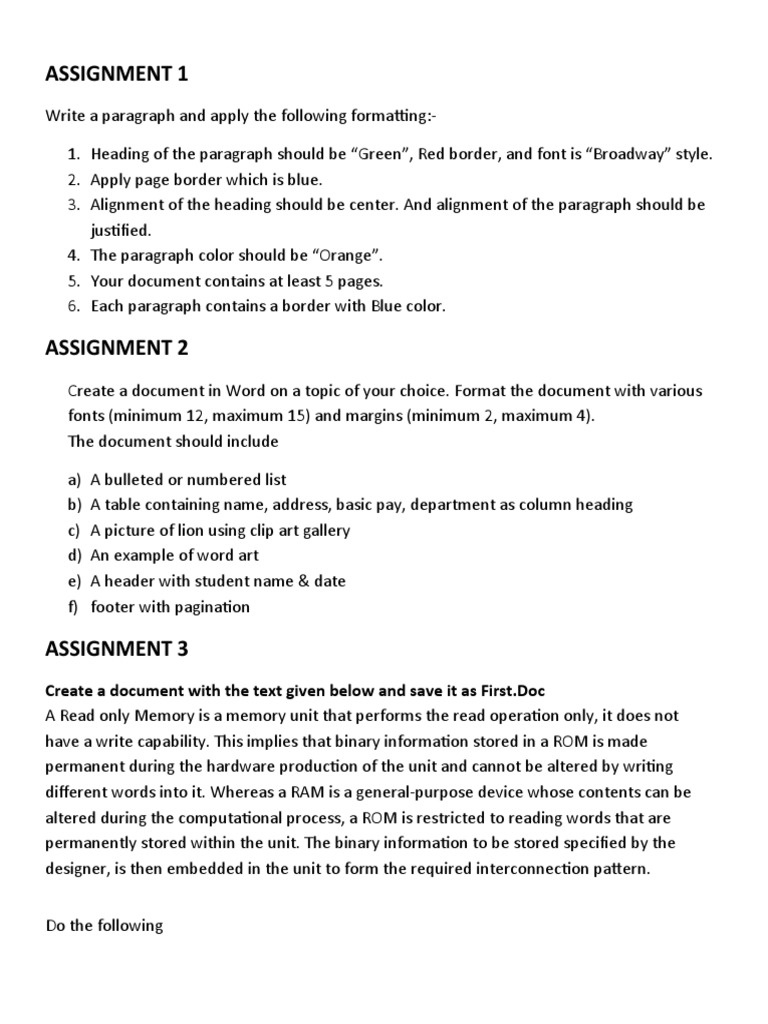 Assignment 1: Create A Document With The Text Given Below and Save It ...